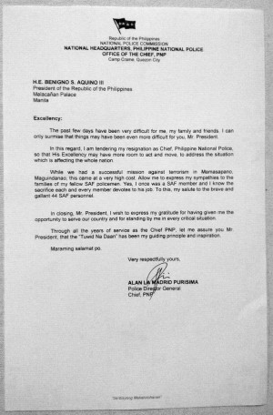 FULL TEXT PNP chief Alan Purisima's resignation letter | Inquirer News