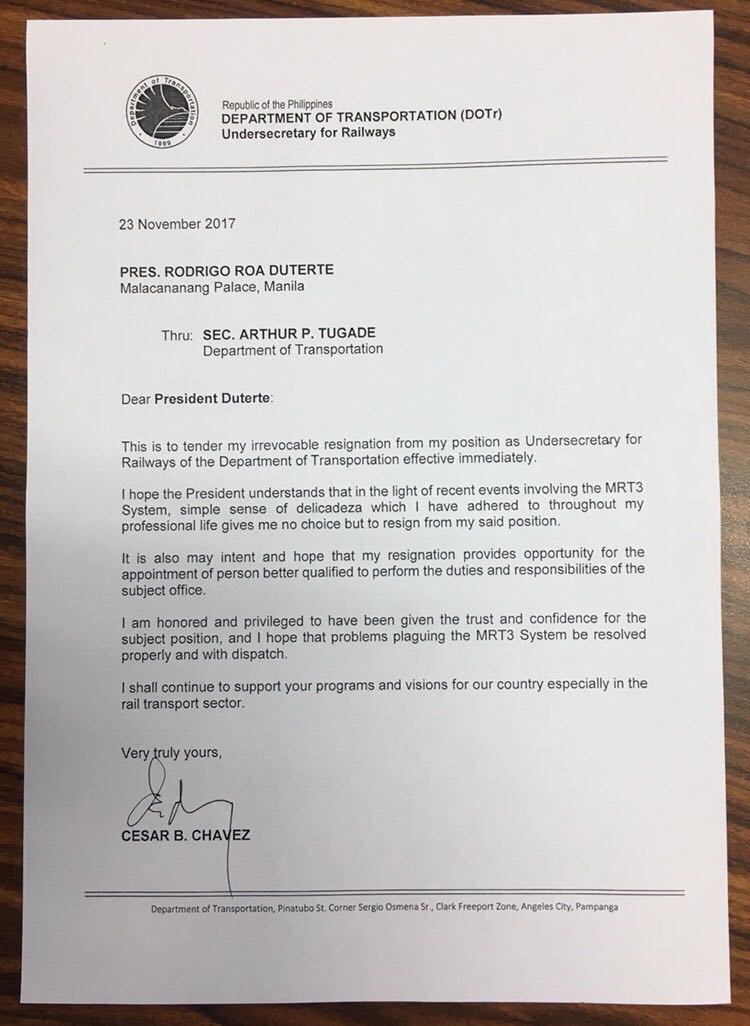 DOTr Usec. Cesar Chavez resigns over MRT-3 mess | Inquirer News