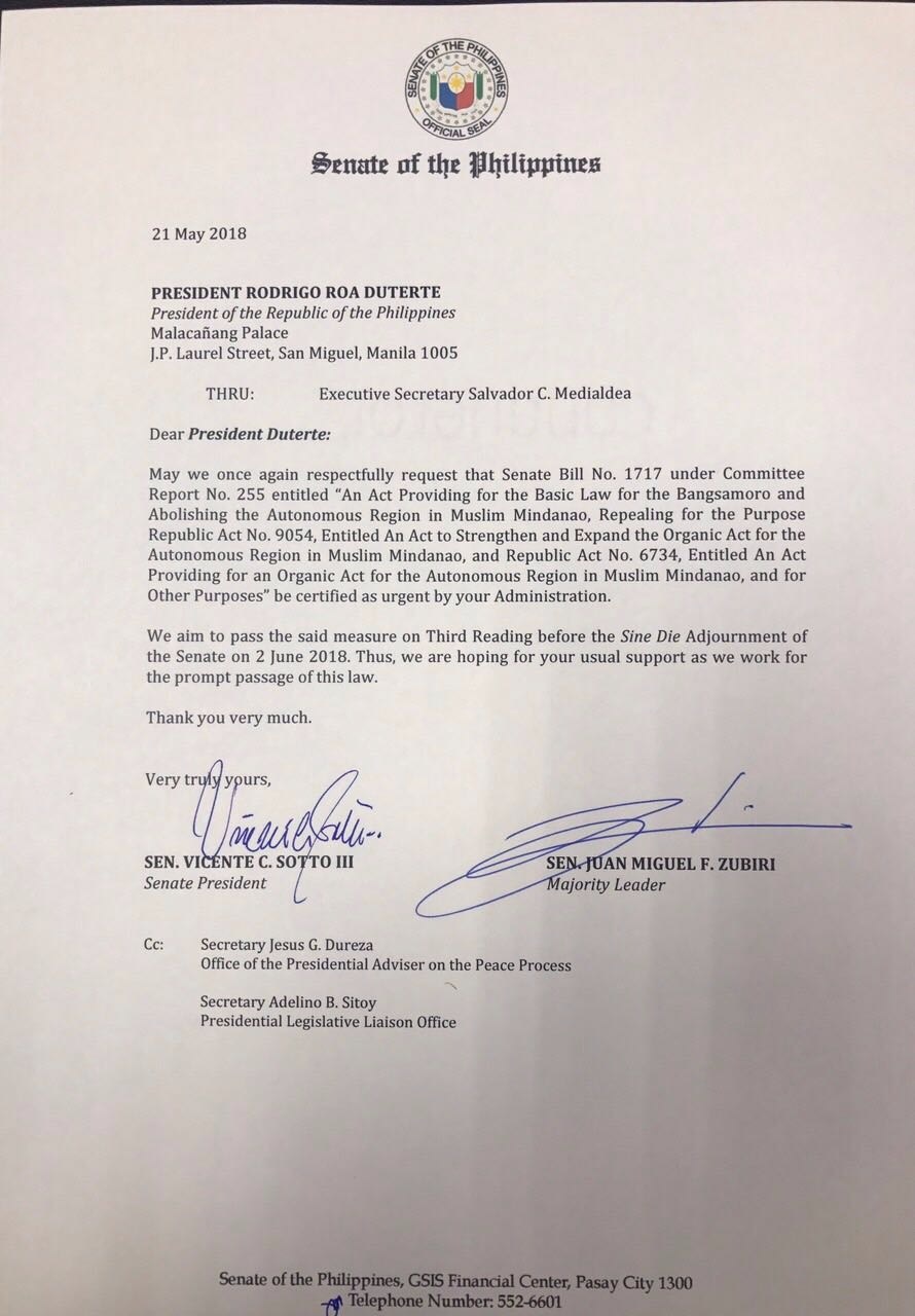 Senate asks Duterte anew to certify BBL as urgent | Inquirer News