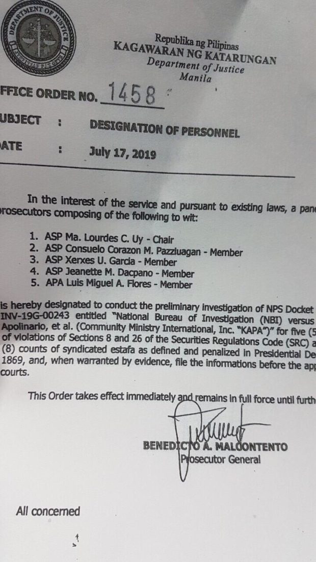DOJ creates another panel to probe syndicated estafa case vs Kapa execs
