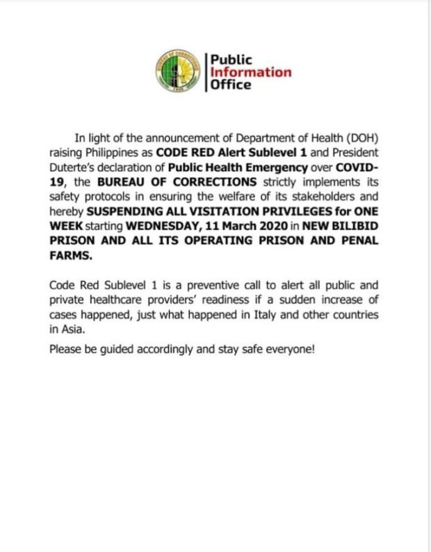 BuCor suspends visitation for a week on all penal facilities over COVID ...