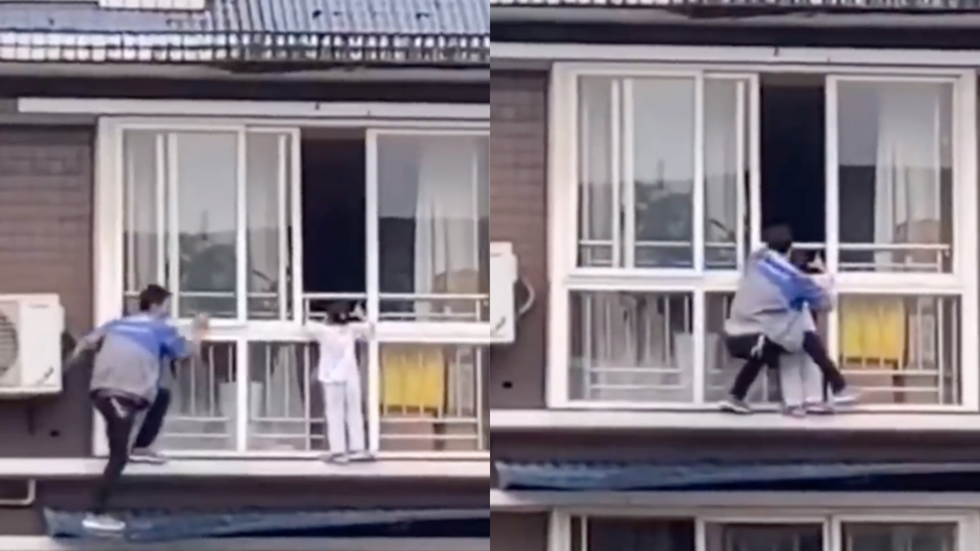 Service engineer climbs building to save girl stuck outside window ...