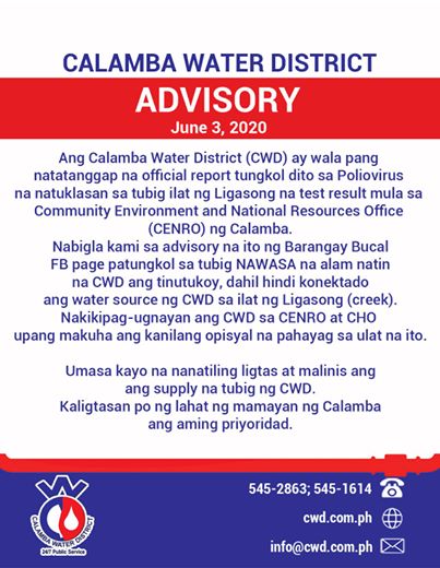 Water district assures: Water supplied to Calamba not tainted with ...