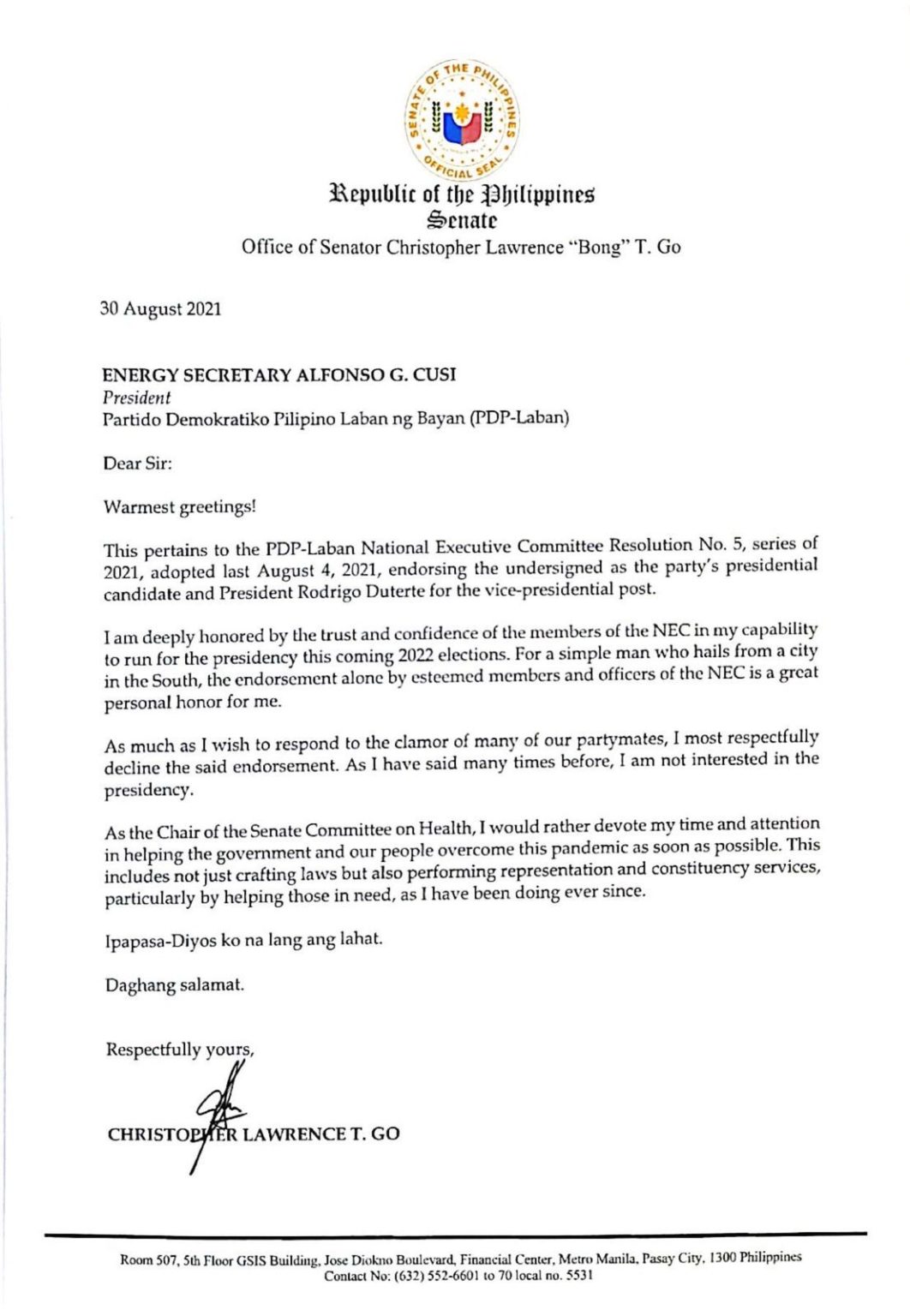 Bong Go rejects PDP-Laban endorsement to be presidential candidate ...