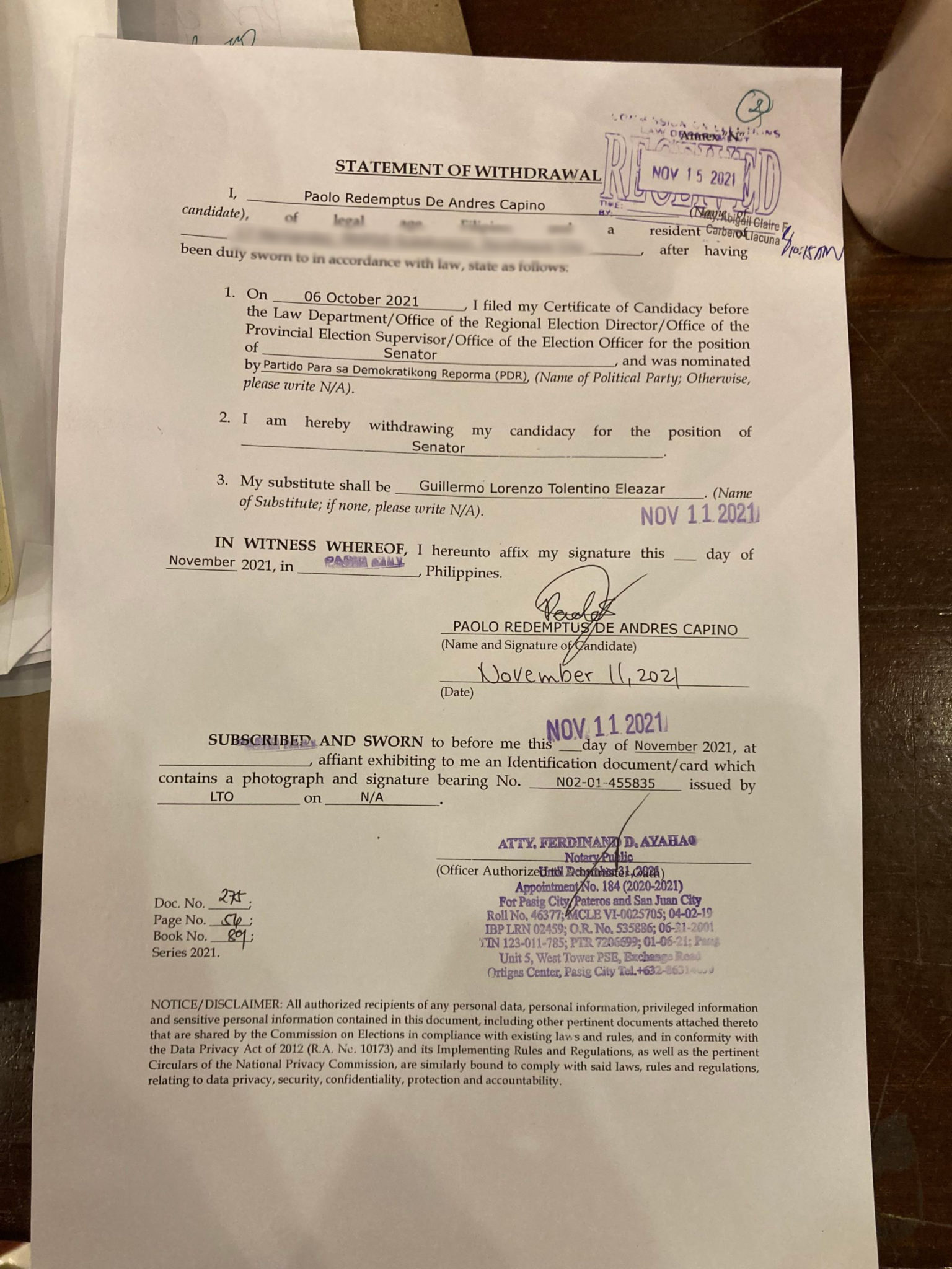 Paolo Capino officially withdraws bid for senator, endorses Eleazar ...