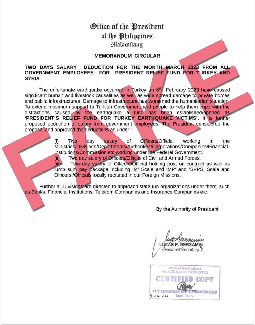 PCO tags memo on gov't salary deduction for Turkey-Syria relief funds ...