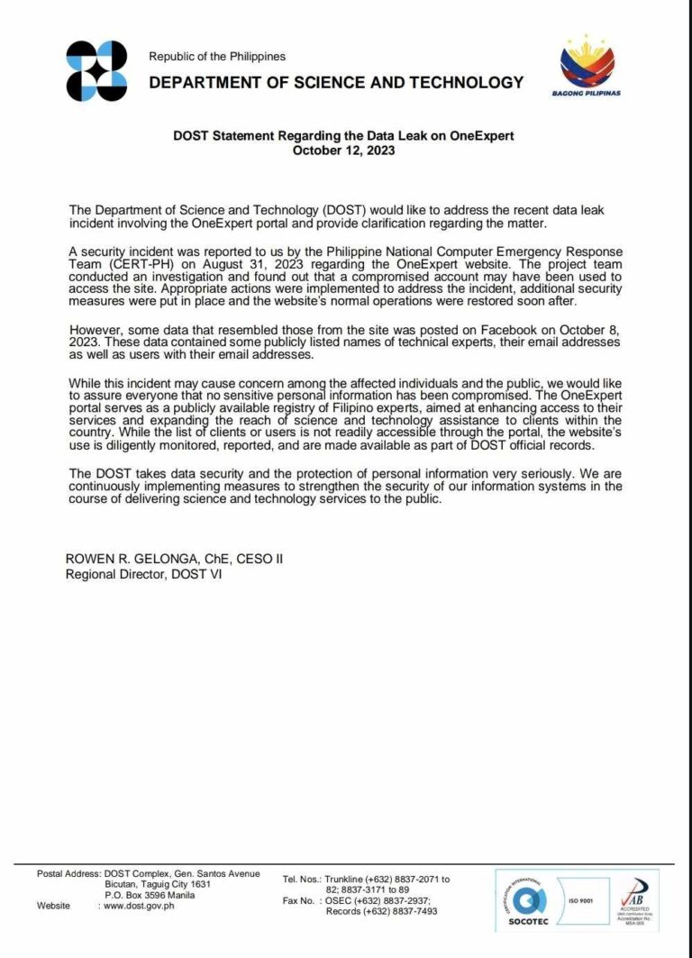 DOST: No personal info compromised from OneExpert portal cyberattack ...
