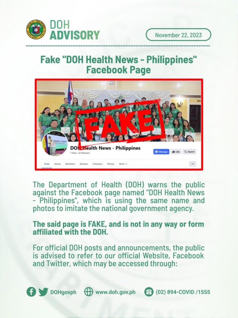 DOH disowns spurious 'DOH Health News-Philippines' Facebook page ...
