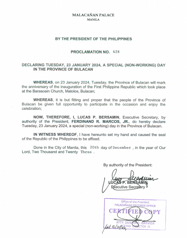 Palace declares special holiday in Bulacan to honor First Republic ...