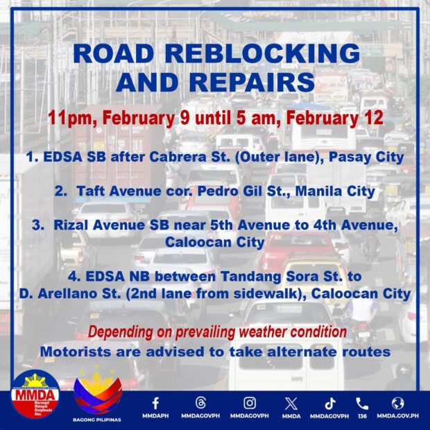 LIST: NCR roads affected by reblocking, repairs from Feb. 9 to 12