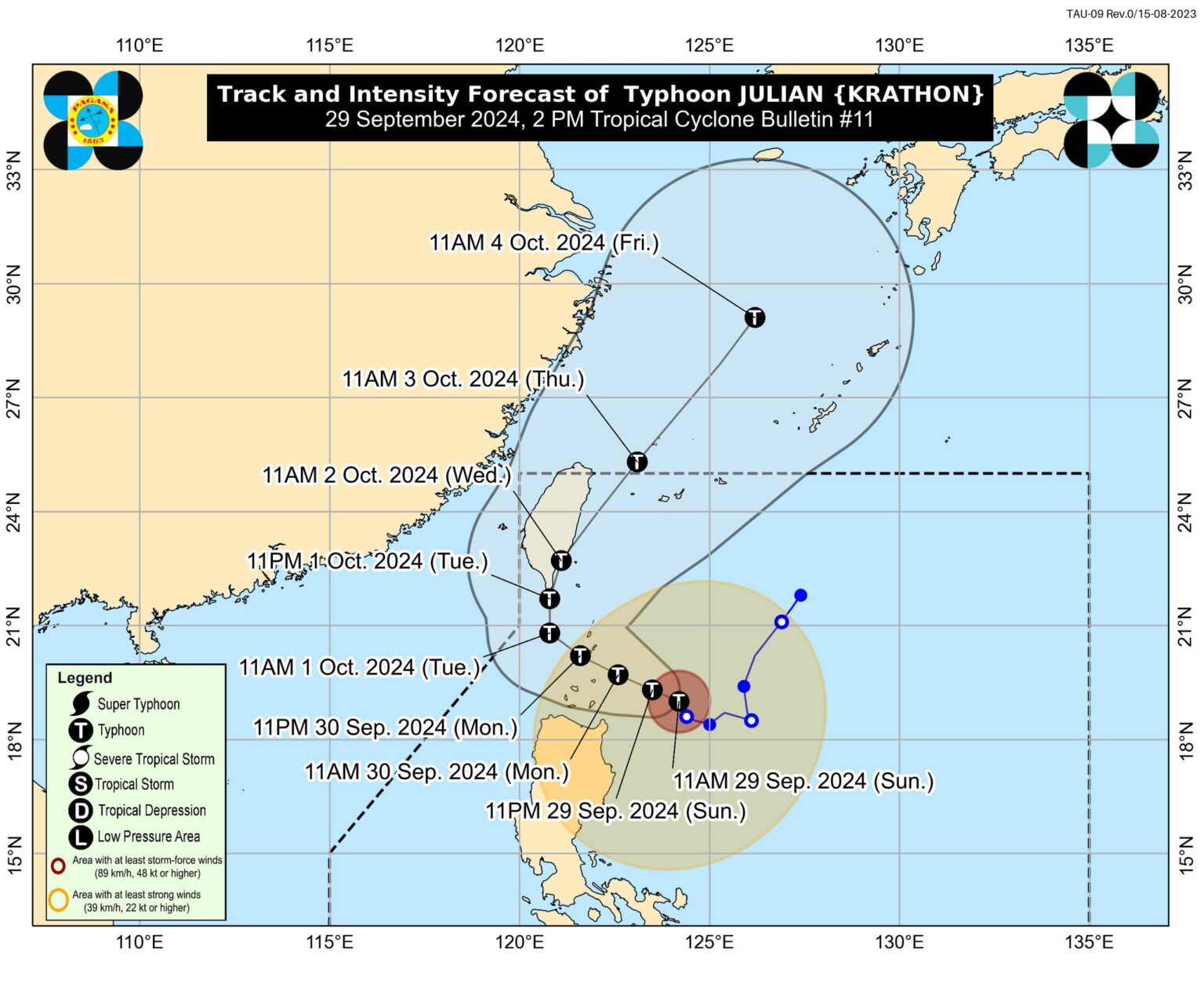 Julian strengthens into a typhoon, signal No. 3 up