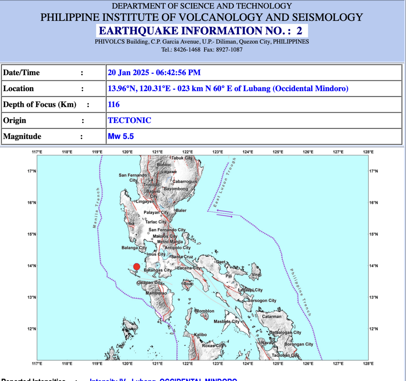 Magnitude 5.5 earthquake hits waters off Occidental Mindoro