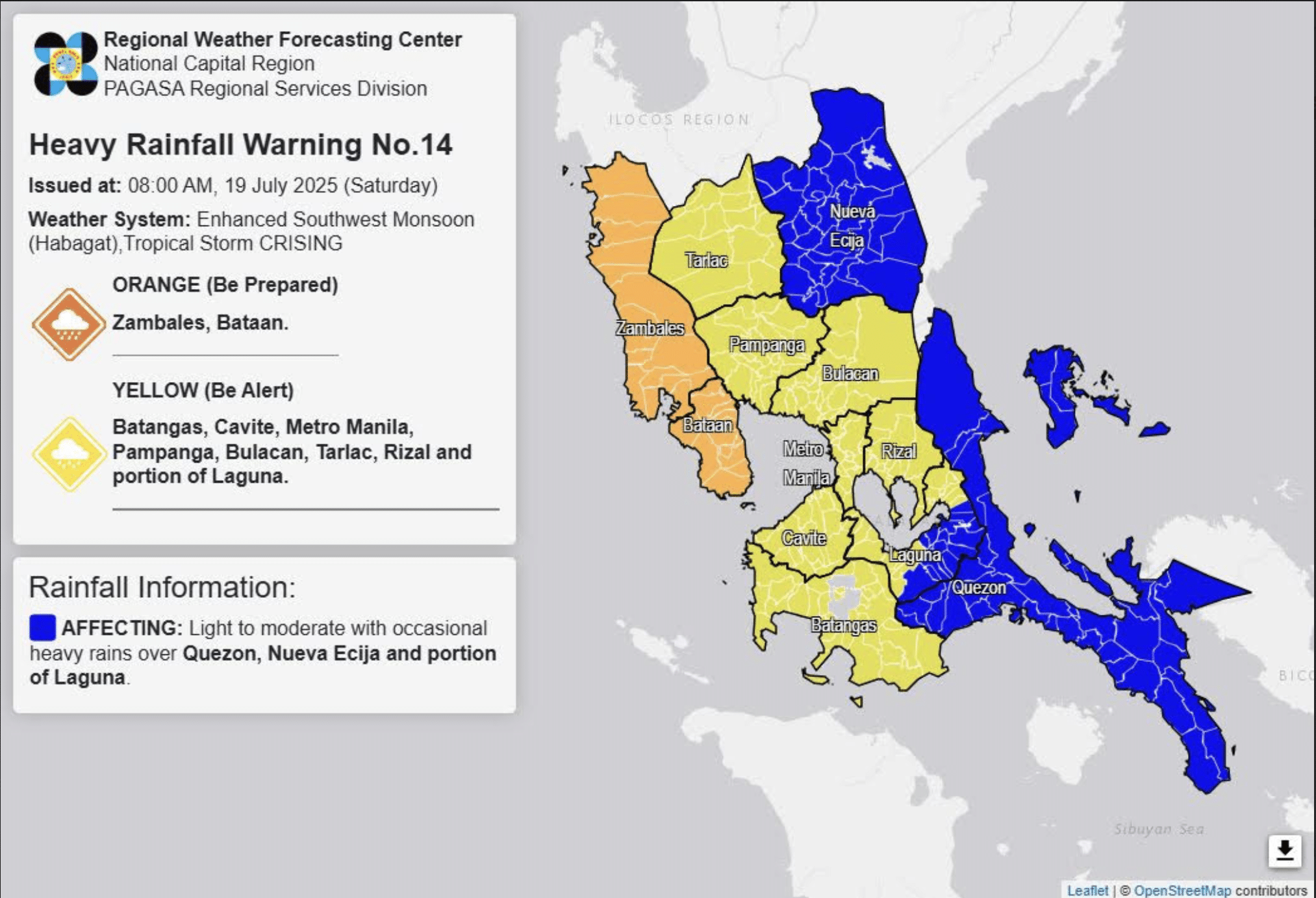 Orange rainfall warning up in Zambales, Bataan due to TS Crising