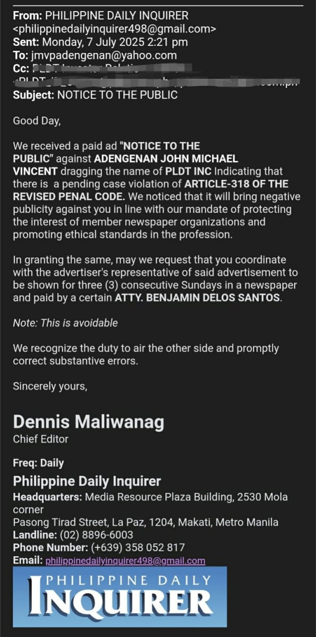 'Notice to the Public' email citing PLDT, Inquirer is fake