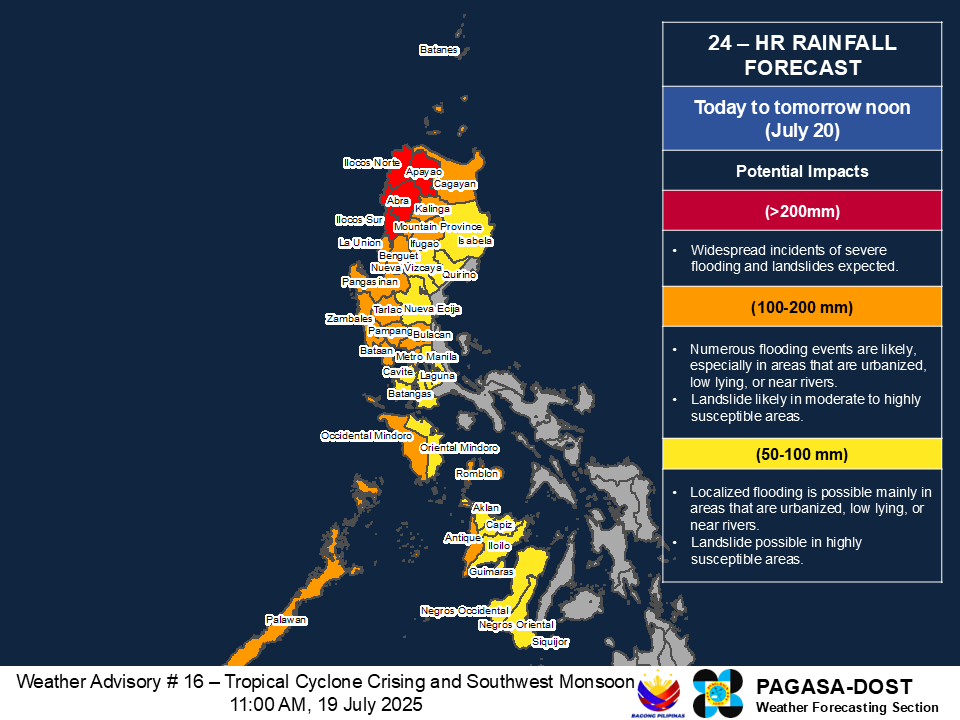 Yellow rainfall warning up in Metro Manila, 7 Luzon areas