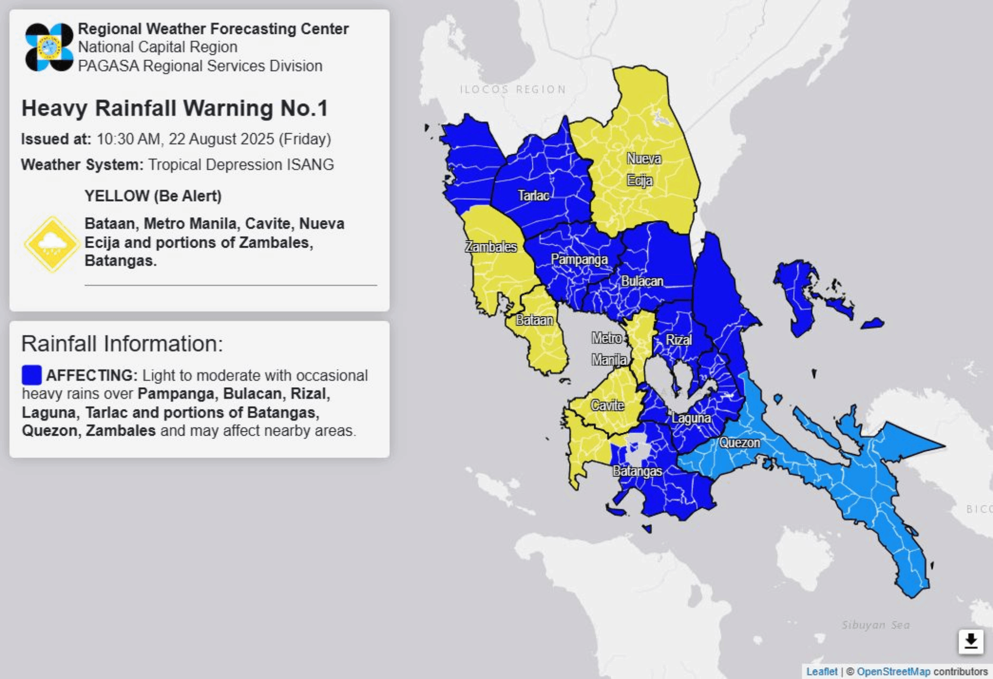 Yellow rainfall warning up in Metro Manila, 5 areas due to TD Isang
