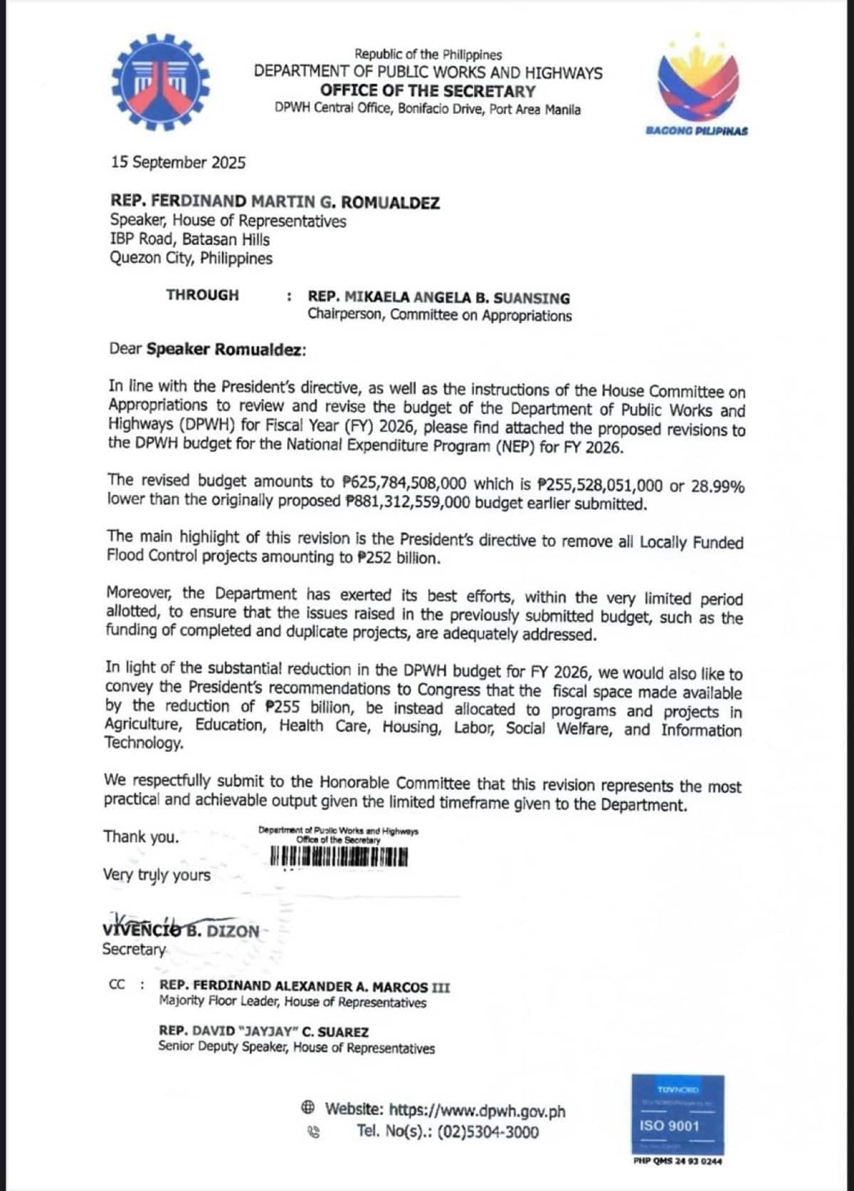 Dizon pushes P255.5-M cut from proposed 2026 DPWH budget