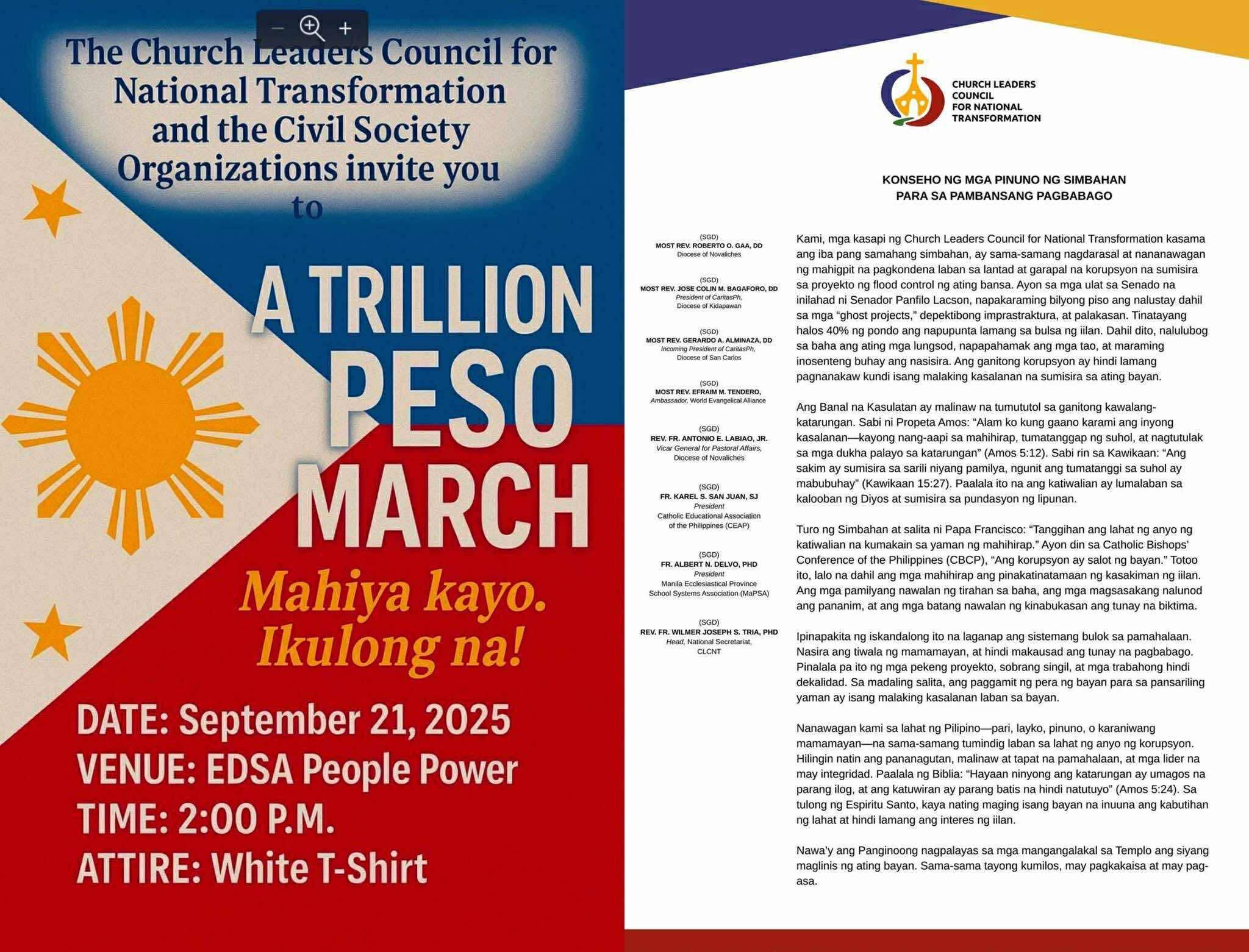 Church leaders set ‘A Trillion Peso March’ on Edsa Sept. 21
