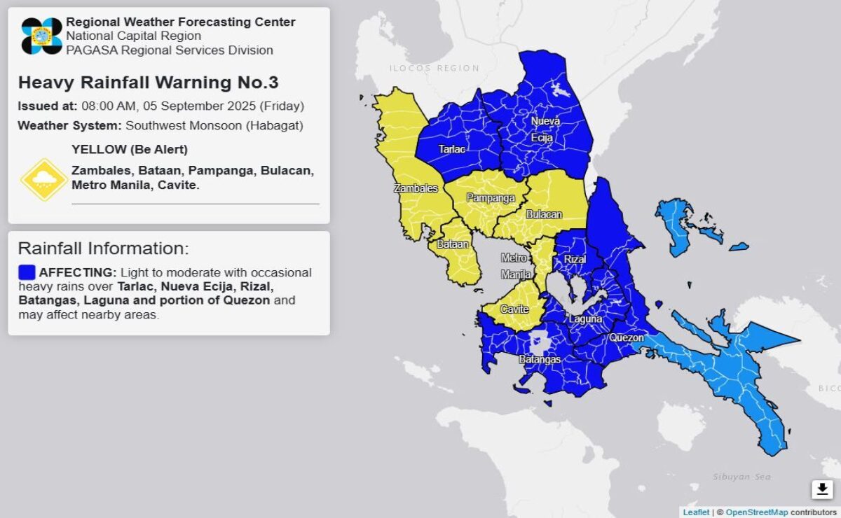 Yellow rainfall warning up in Metro Manila, 5 Luzon areas