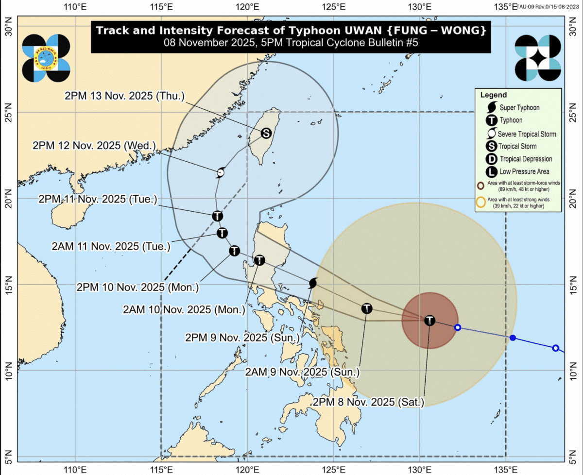 Typhoon Uwan gains strength; 5 areas now under signal No. 3