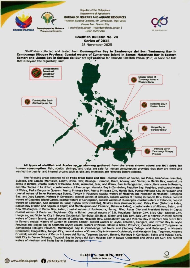 BFAR: Red tide up in Surigao del Sur's Lianga Bay, 4 other areas