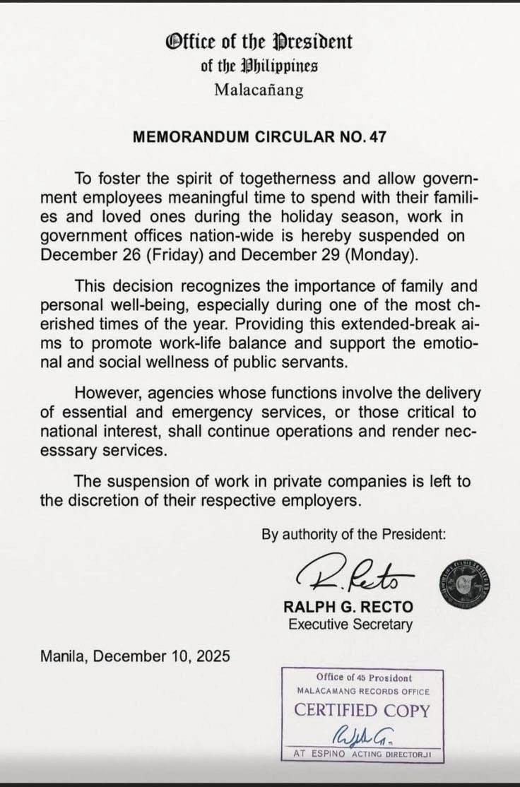 Recto: Memo declaring work suspension on Dec. 26, 29 fake