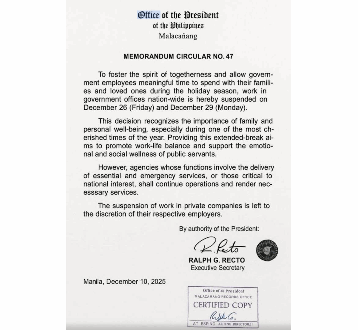 Recto warns of fake Dec. 26, 29 gov't work suspension memo