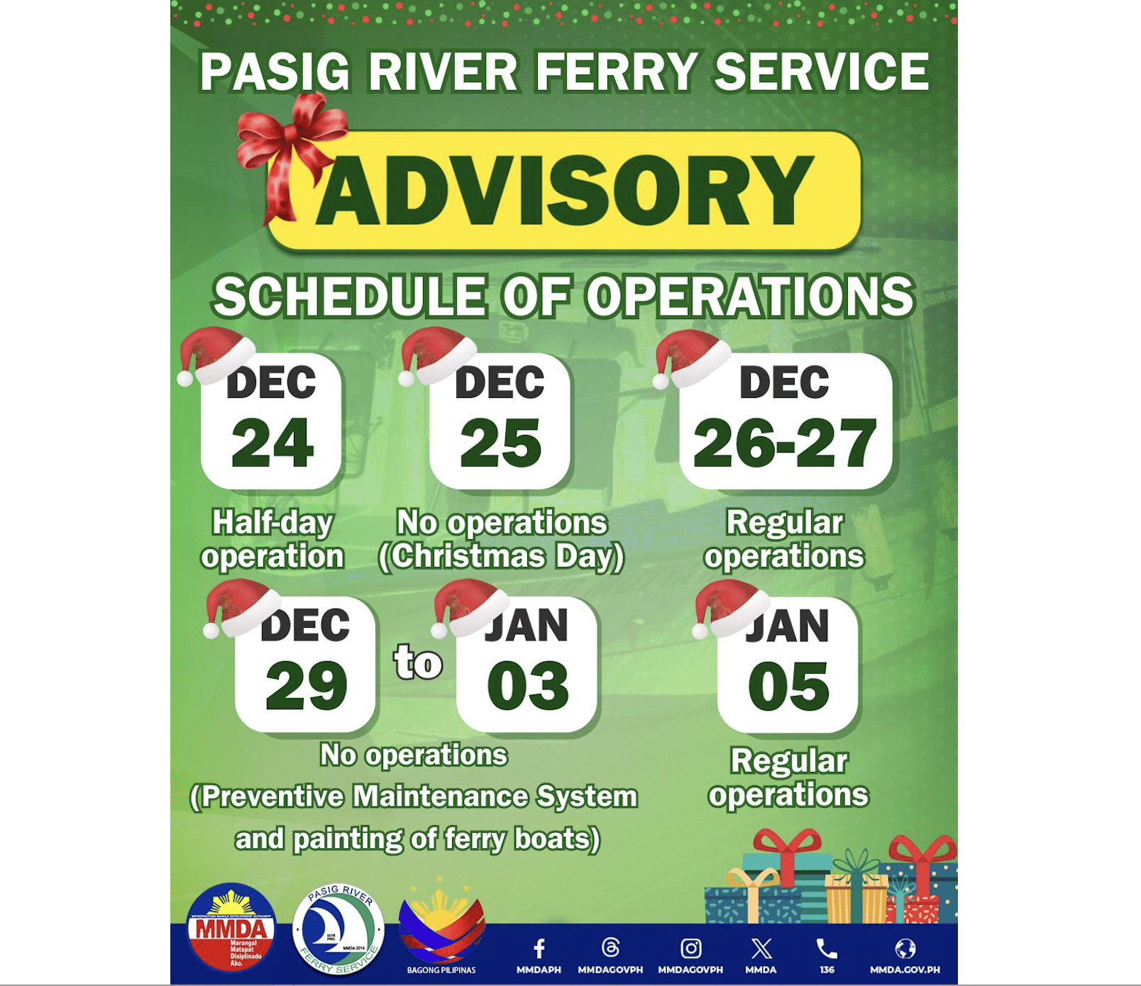 MMDA releases Pasig River ferry service holiday schedule