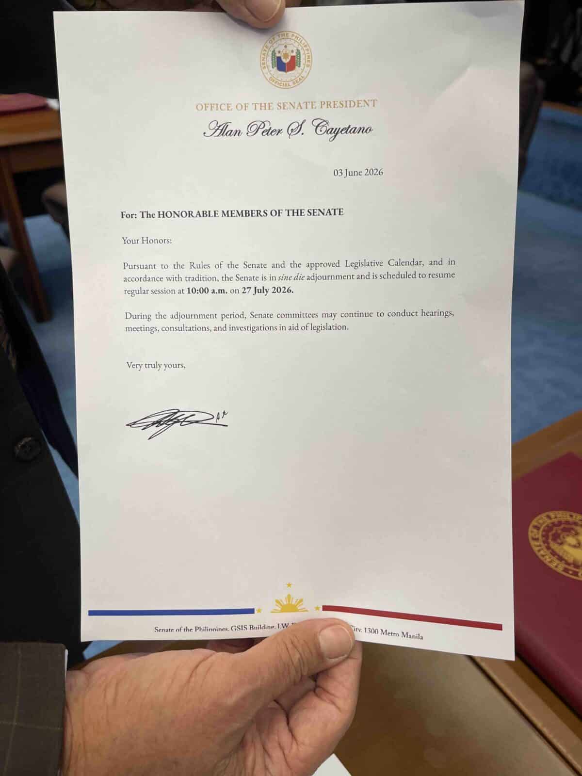 Cayetano proclaims sine die adjournment via letter
